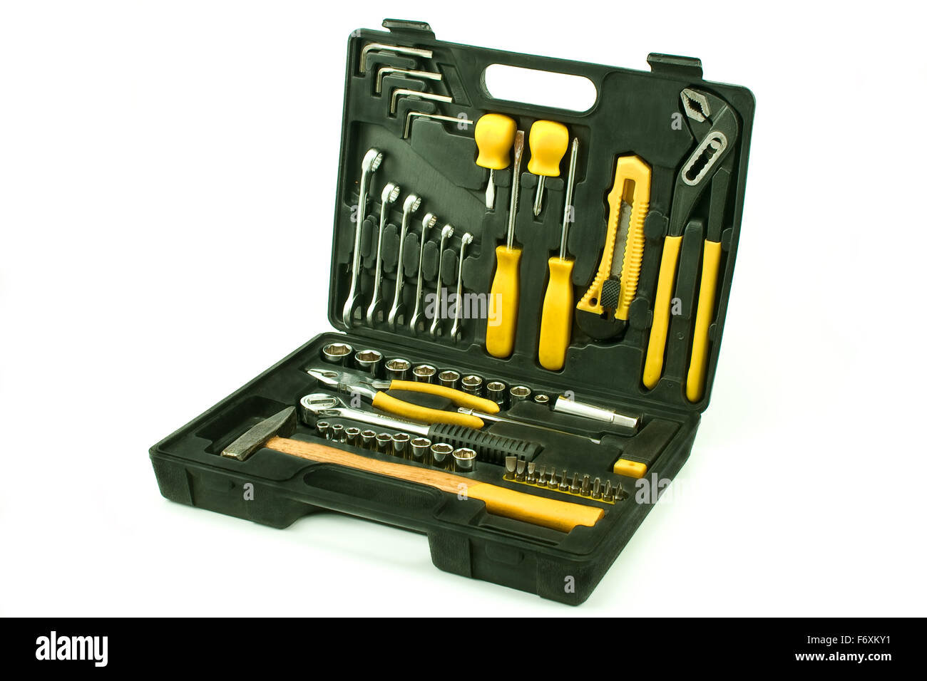Set of various chrome yellow tools in box isolated on white Stock Photo ...