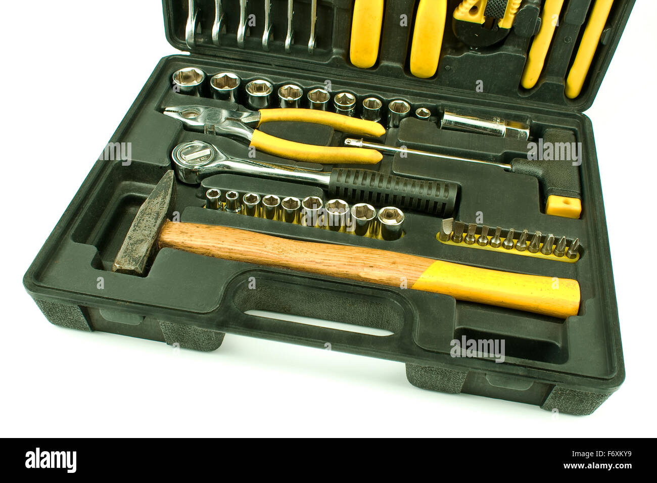 Set of various chrome yellow tools in box on white Stock Photo - Alamy