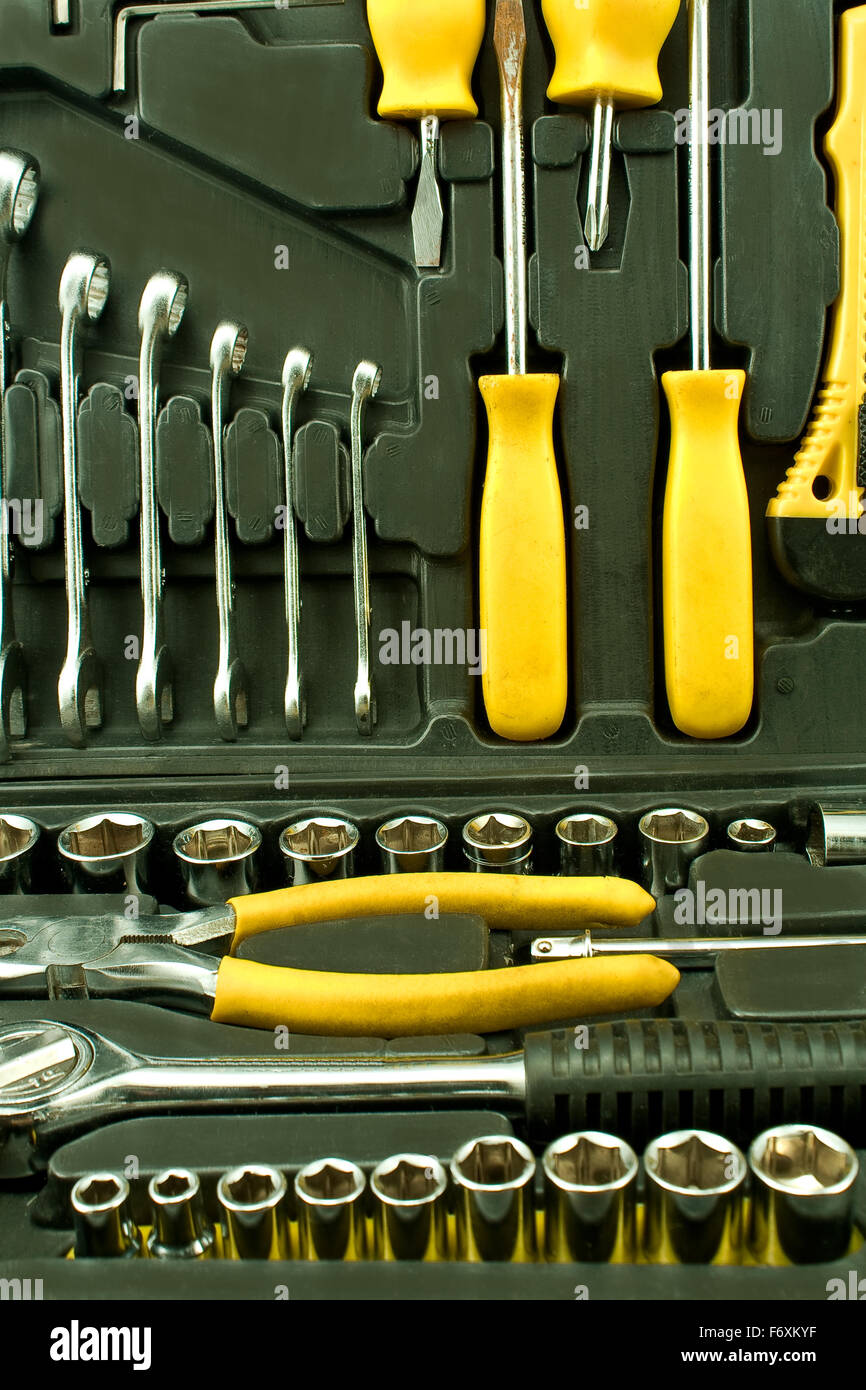 Set of various chrome yellow tools in black box Stock Photo - Alamy