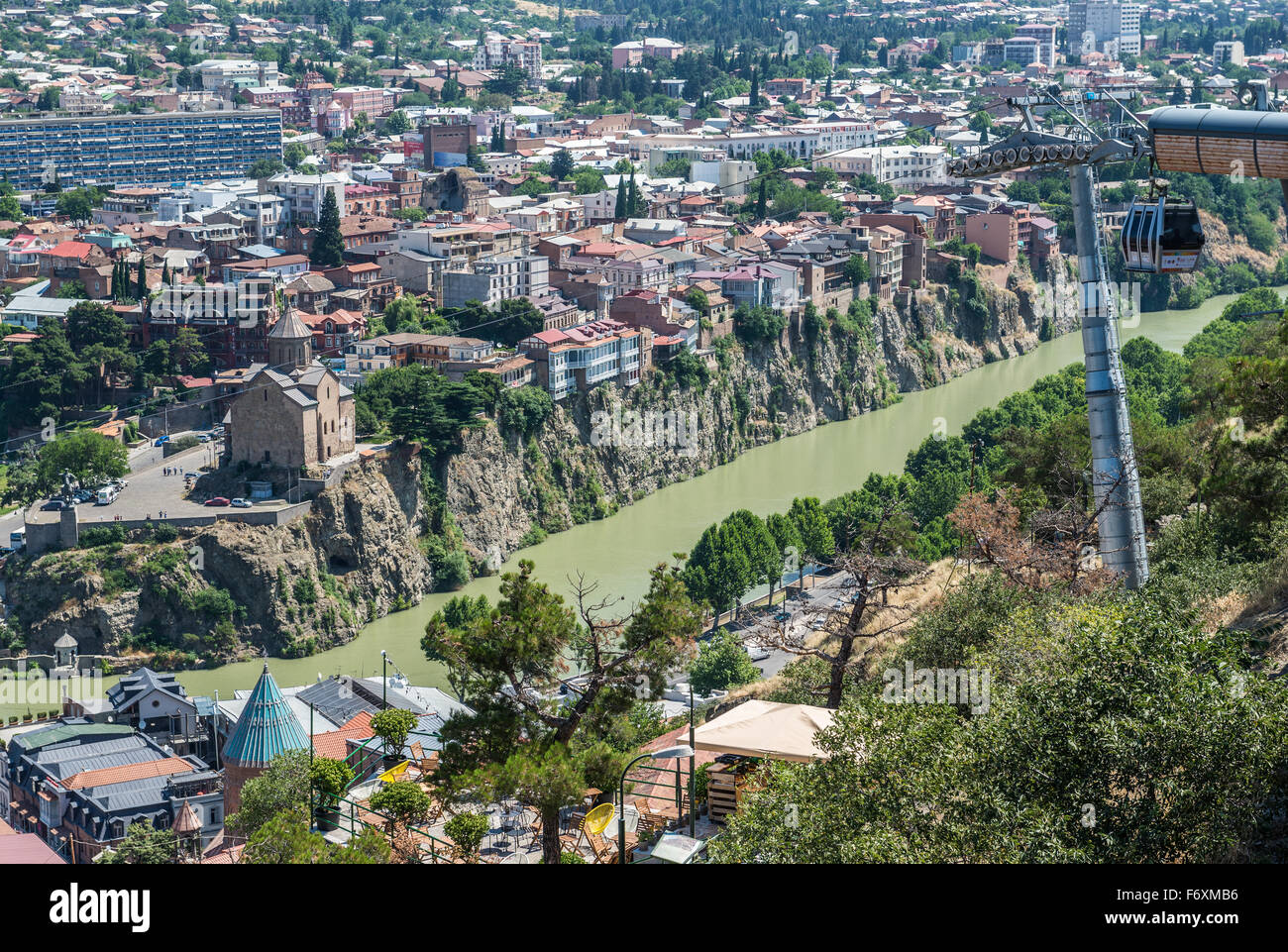 Aerial view with Church of Assumption at Metekhi historic neighborhood ...