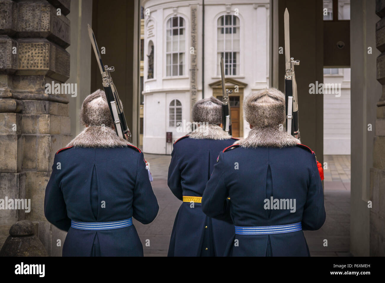 Castle Guards in their winter uniform marching into Prague castle Stock ...