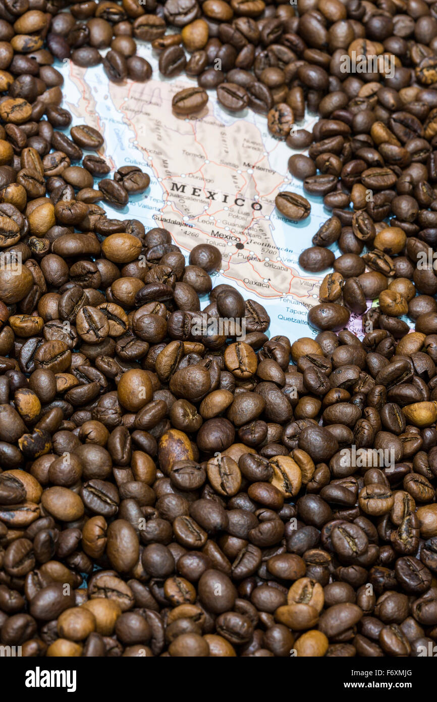 Geographical map of Mexico covered by a background of roasted coffee ...