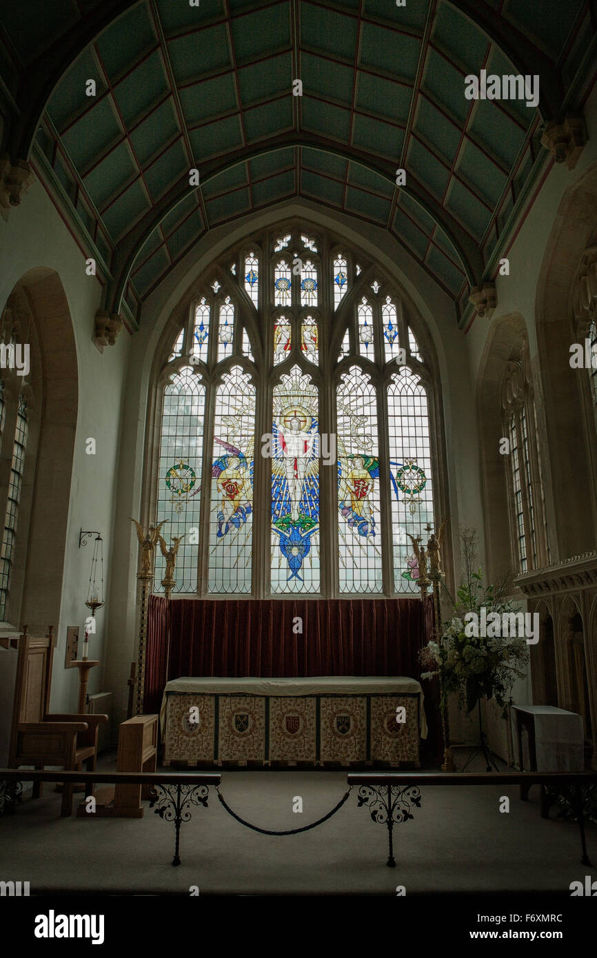 View of stained glass window from inside English church Stock Photo - Alamy
