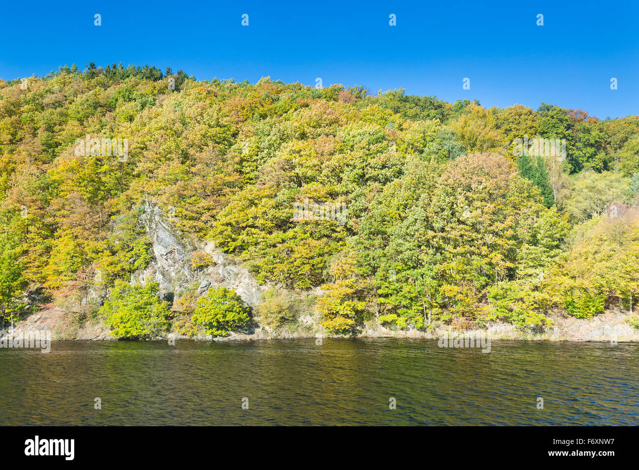 Lake Rursee Obersee shore with blue sky and sunlight in summer Stock ...