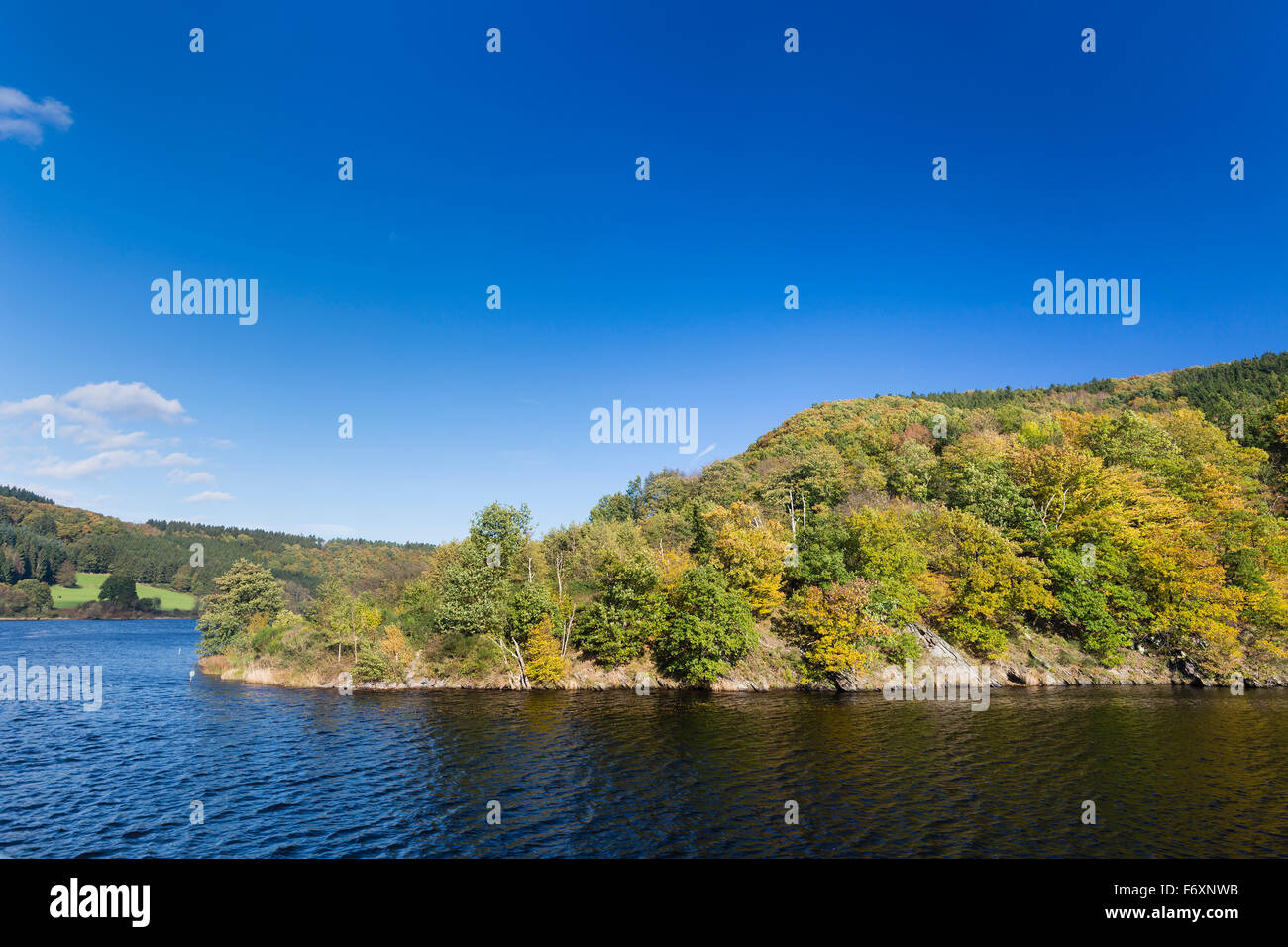 Lake Rursee Obersee shore with blue sky and sunlight in summer Stock ...