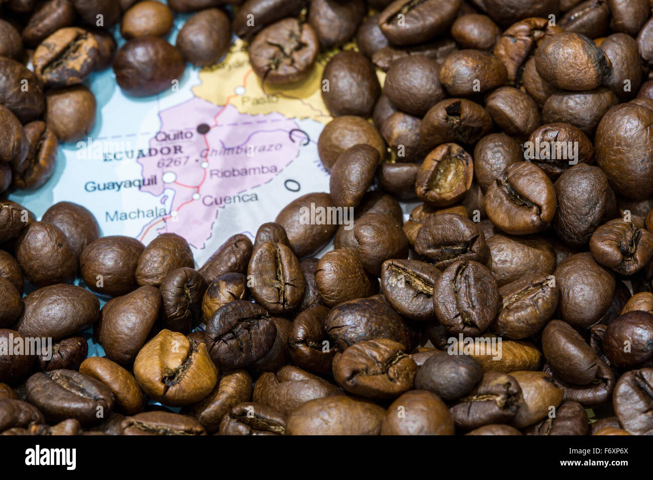 Geographical map of Ecuador covered by a background of roasted coffee ...