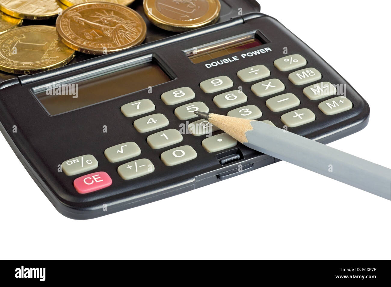 Calculator, coins and pencil isolated on white background Stock Photo ...