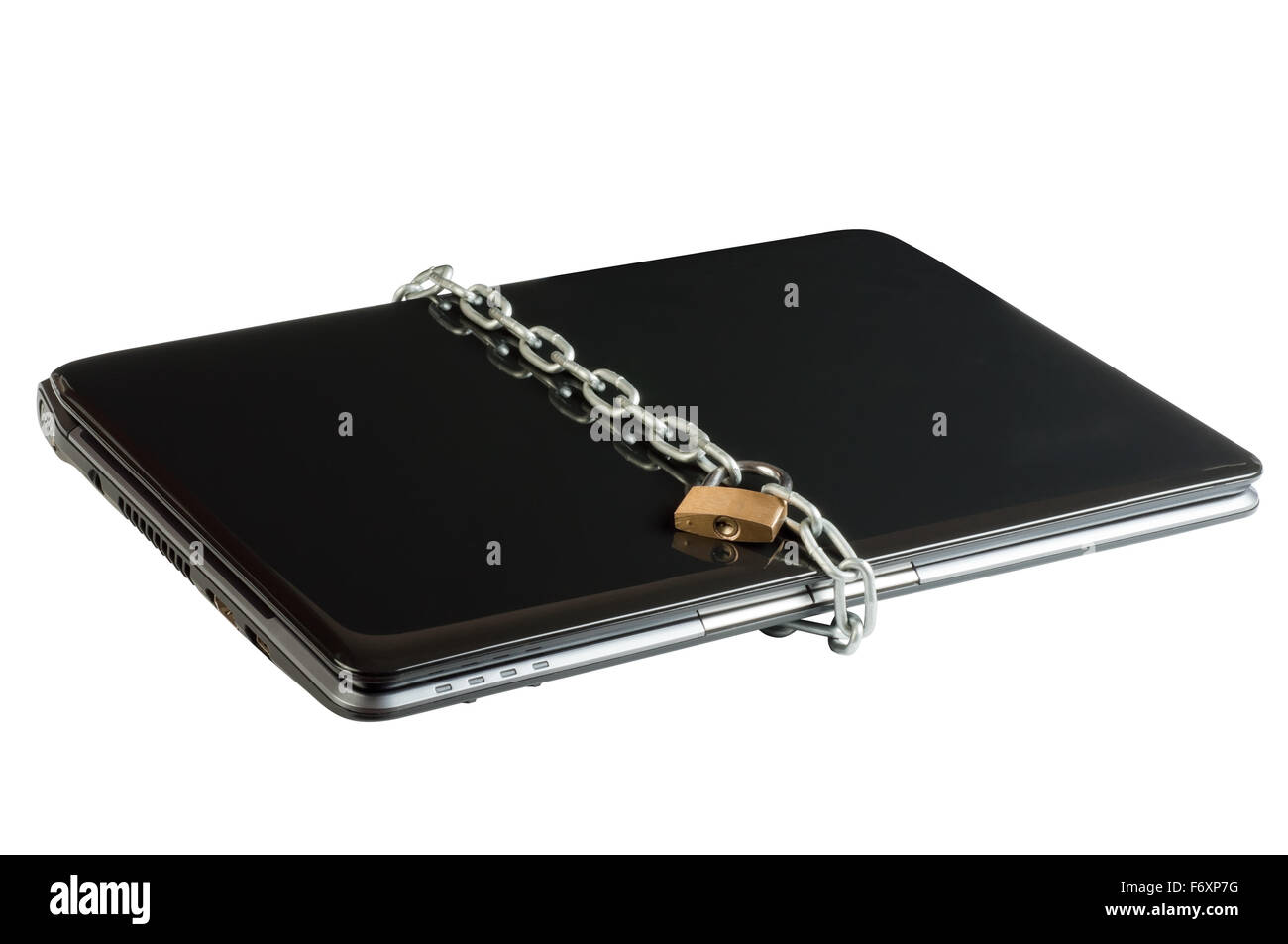 Laptop lock with chains isolated on the white background. Shooting at ...