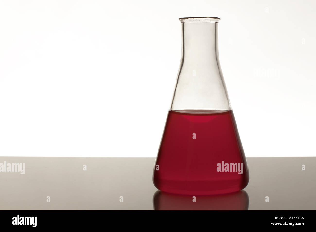 close up detail of laboratory beakers with different coloured liquid in ...