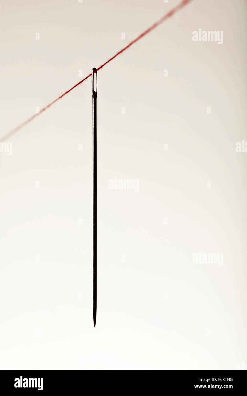 single needle hanging on cotton as if on a washing line Stock Photo - Alamy