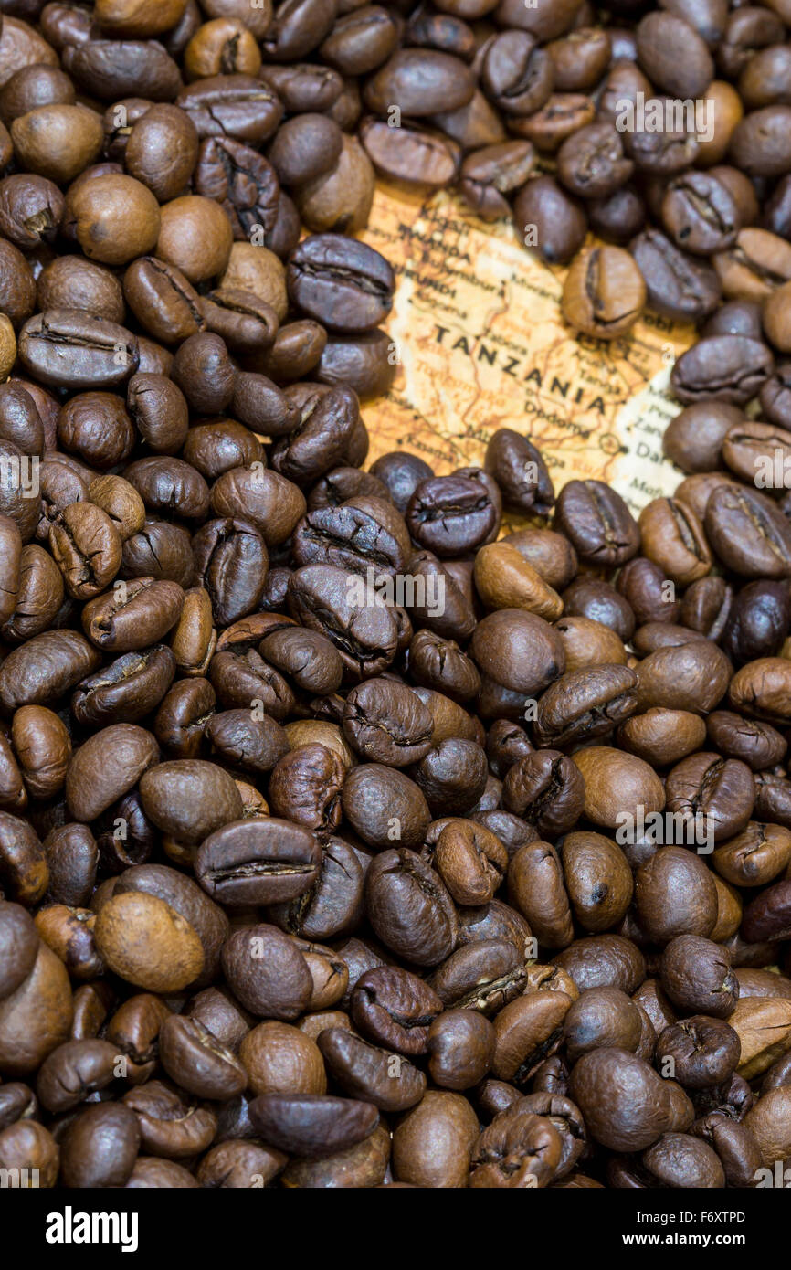 Vintage map of Tanzania covered by a background of roasted coffee beans ...