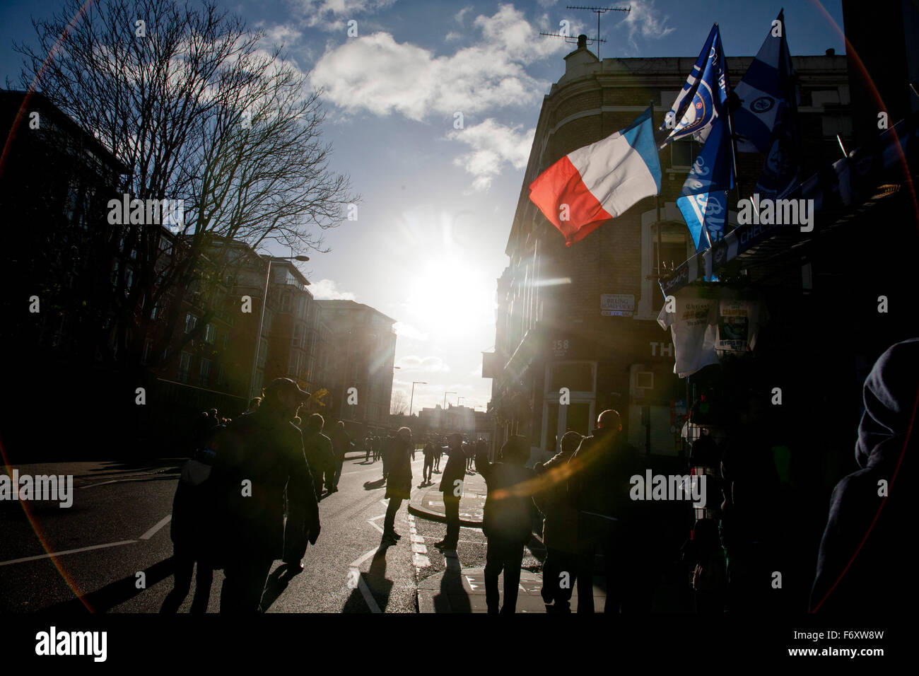 London, UK. 21st Nov, 2015. The French tricolor flag flies at Stamford ...