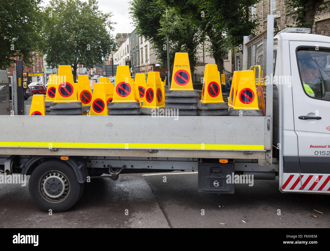 many traffic cones back of pickup truck roadworks Stock Photo - Alamy