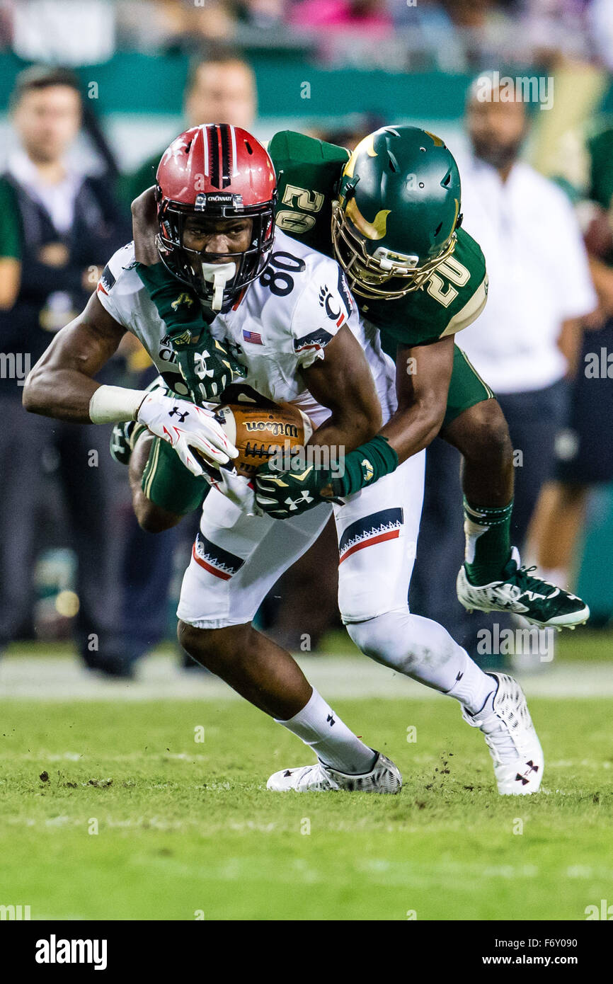 November 20, 2015: South Florida Bulls cornerback Devin Abraham #20 tackles Cincinnati Bearcats ...