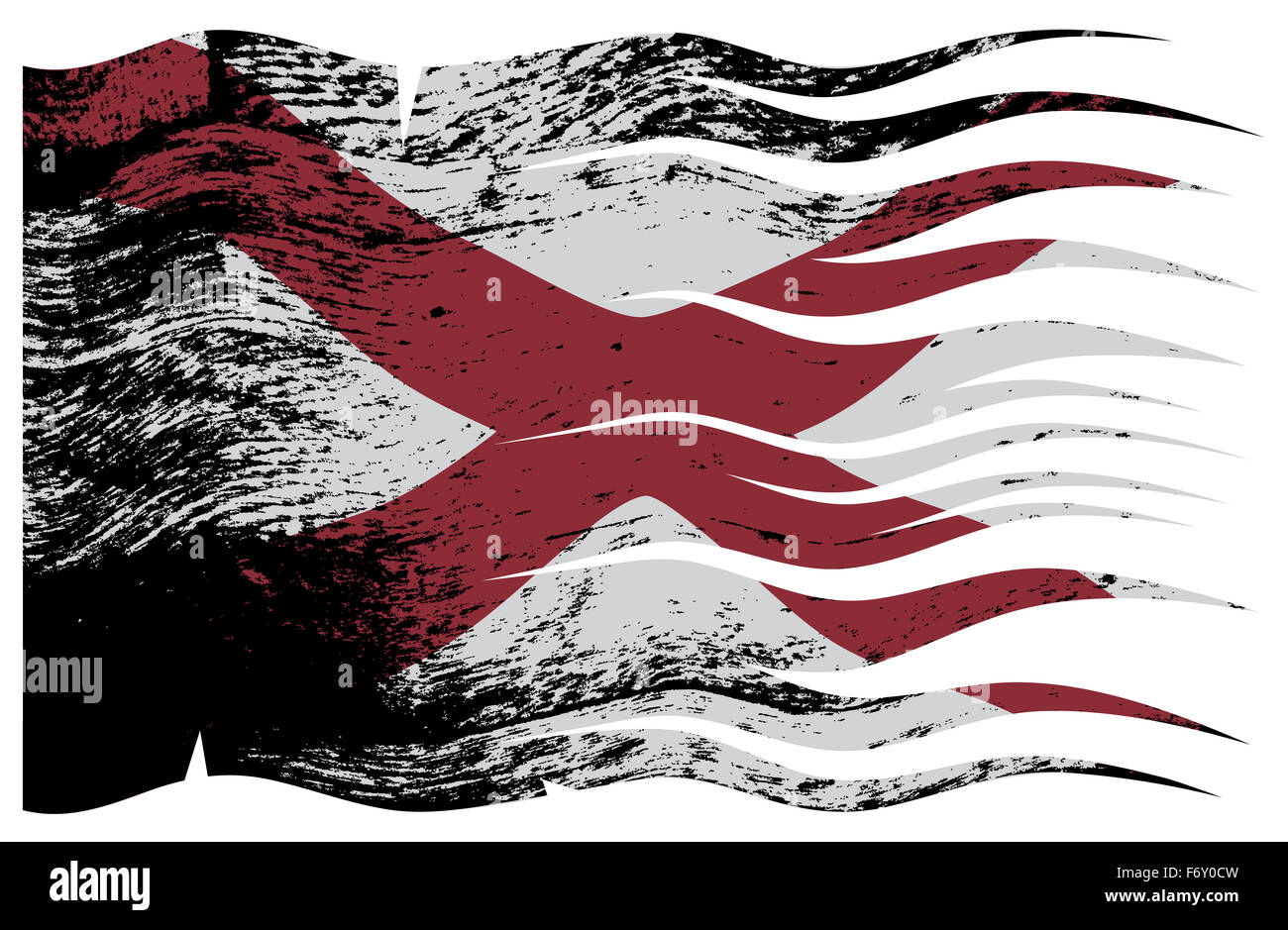 A wavy and grunged Alabama state flag design isolated on a white ...
