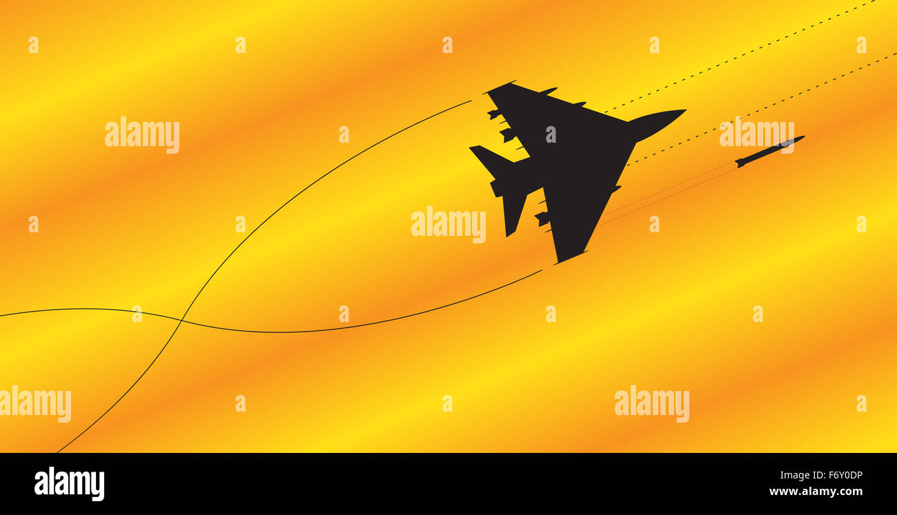 A fighter jet silhouette firing all weapons on a colourful background ...