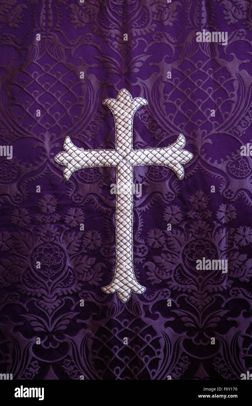 embroidered religious cross on fabric background detail Stock Photo - Alamy