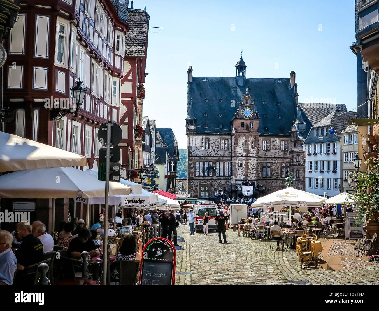 Market square with historical Town Hall in University City of Marburg ...