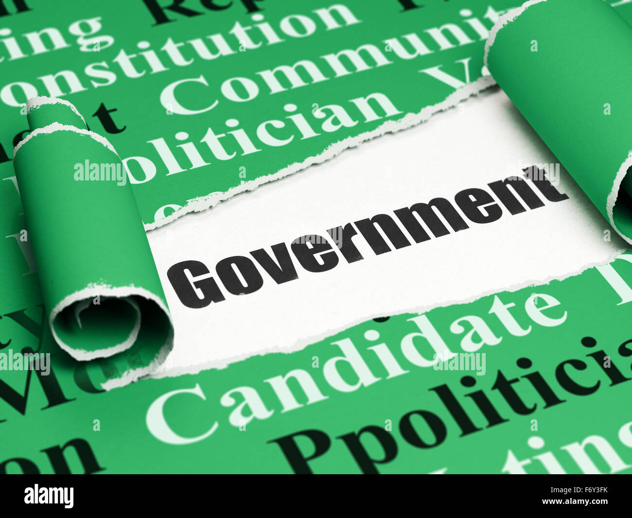 Politics concept: black text Government under the piece of torn paper ...