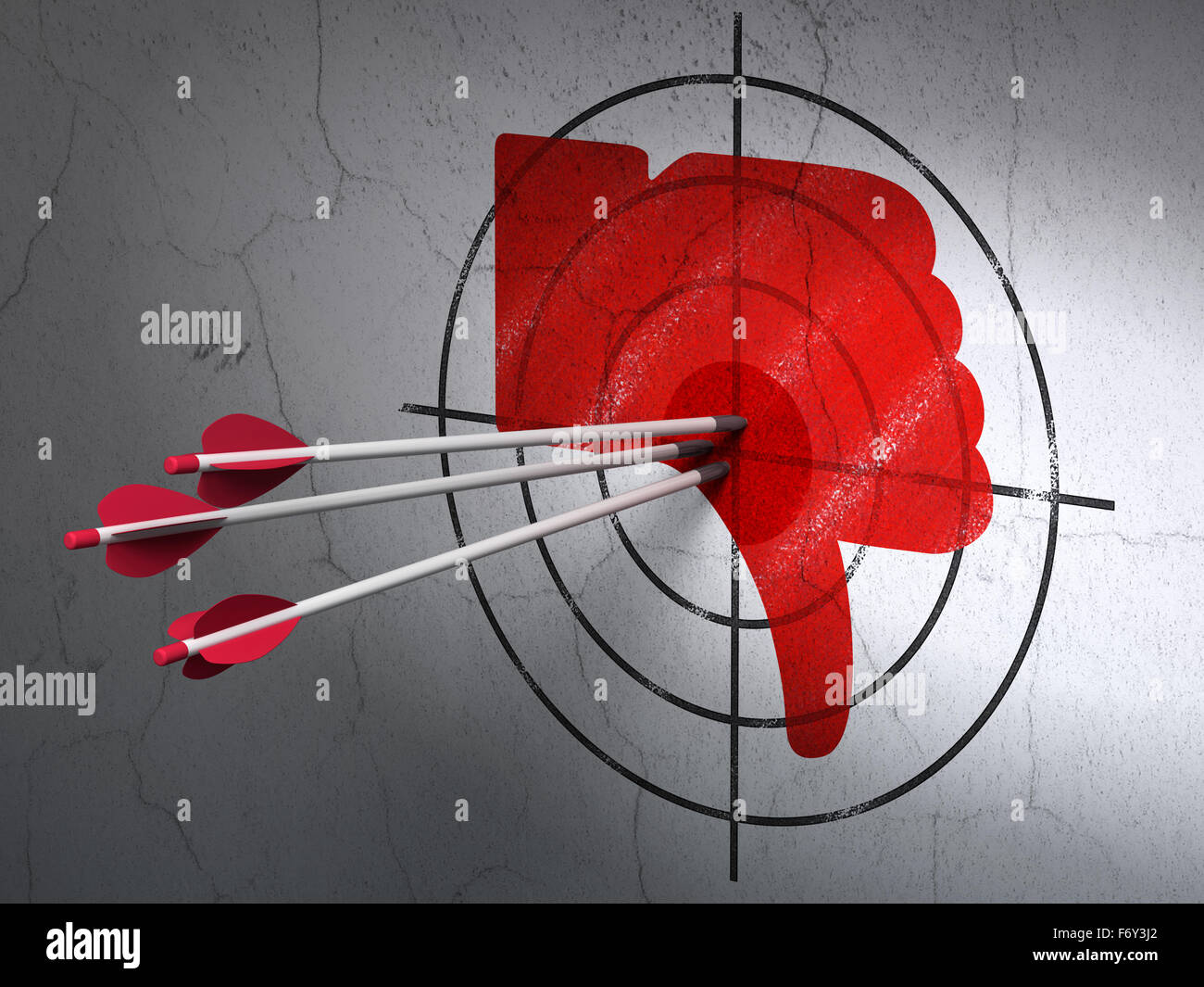 Social media concept: arrows in Thumb Down target on wall background ...