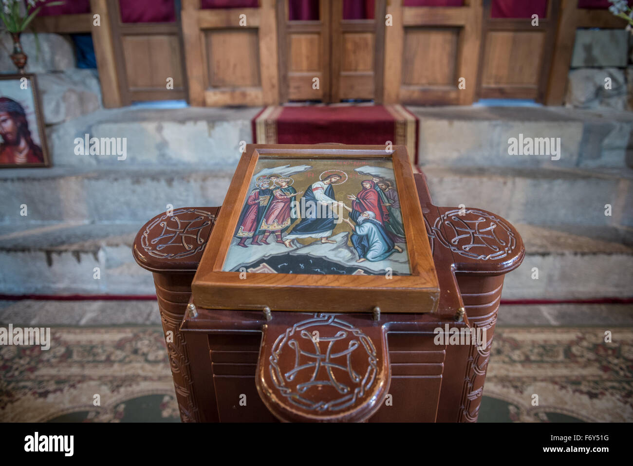 Interior of 6th century Georgian Orthodox Jvari Monastery near Mtskheta ...