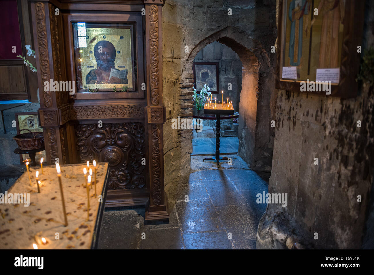 Interior of 6th century Georgian Orthodox Jvari Monastery near Mtskheta ...