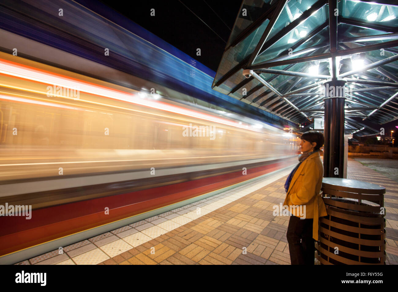 The Max light rail train arrives at a stop in Portland, Oregon Stock ...