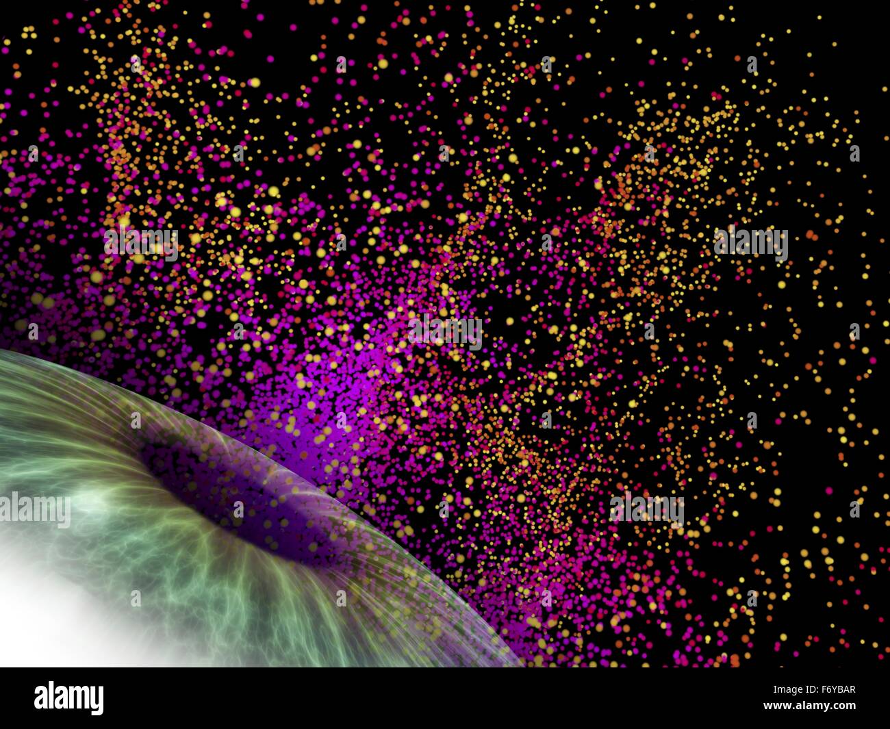 Computer artwork of a human eye, overlaid colourful particles ...
