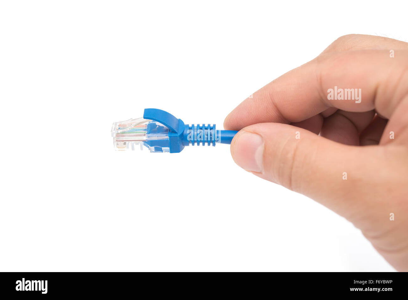 hand holding a blue RJ45 computer network connecting cable on white ...