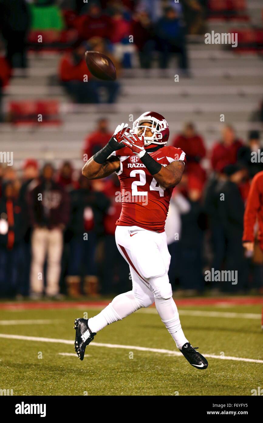 NOV 21, 2015: Arkansas running back Kody Walker #24 looks in a ball as ...