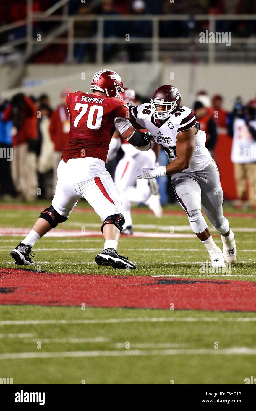NOV 21, 2015: Mississippi State defensive end Ryan Brown #48 works to ...
