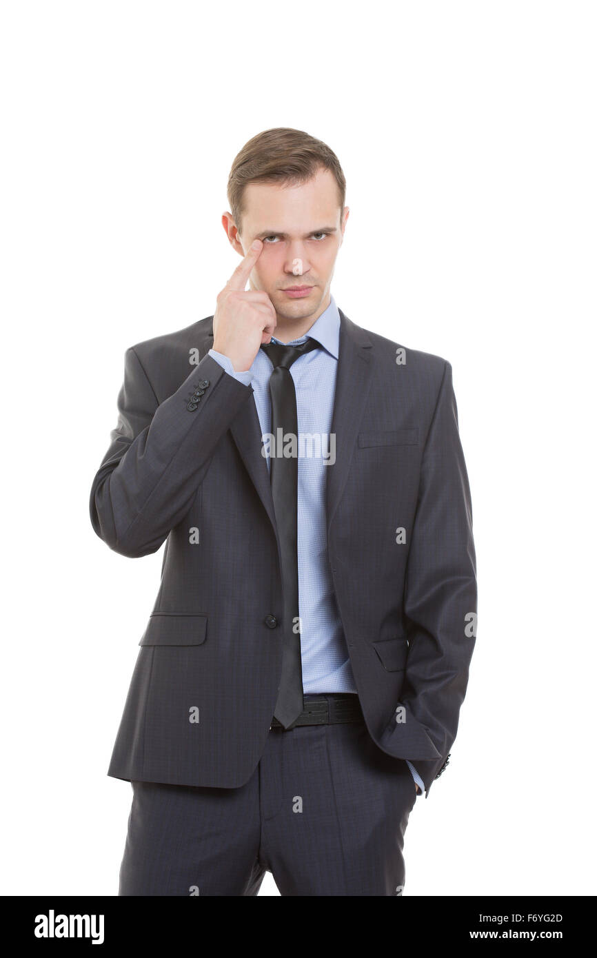 gestures distrust lies. body language. man in business suit isolated on ...