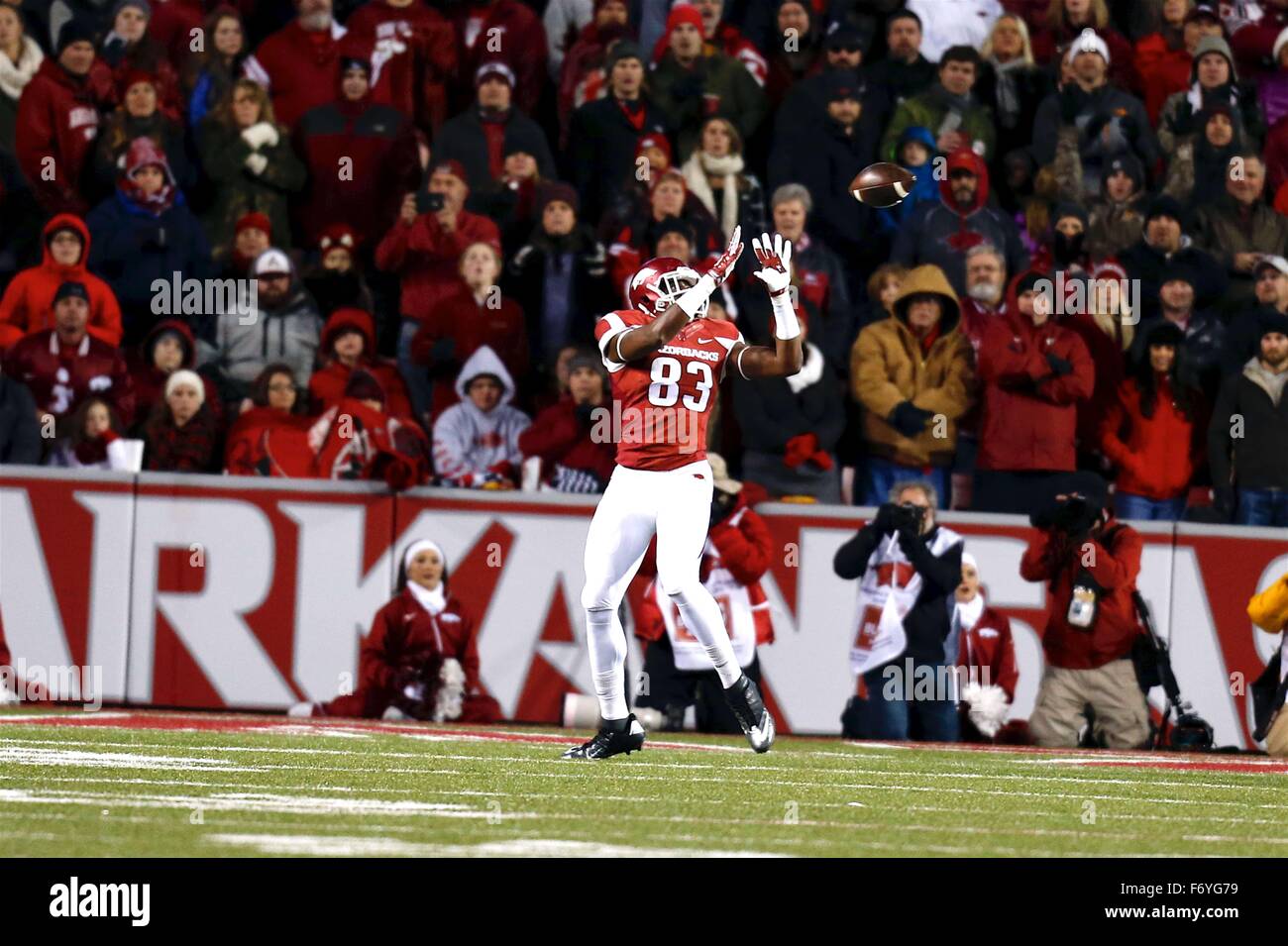 NOV 21, 2015: Razorback tight end Jeremy Sprinkle #83 looks in a ball ...