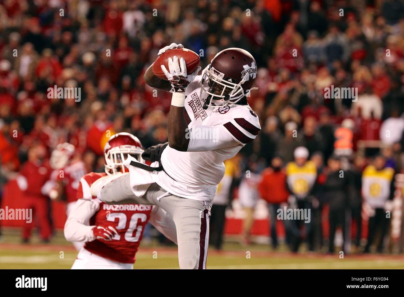 NOV 21, 2015: Mississippi State receiver Fred Ross #8 makes a jumping ...