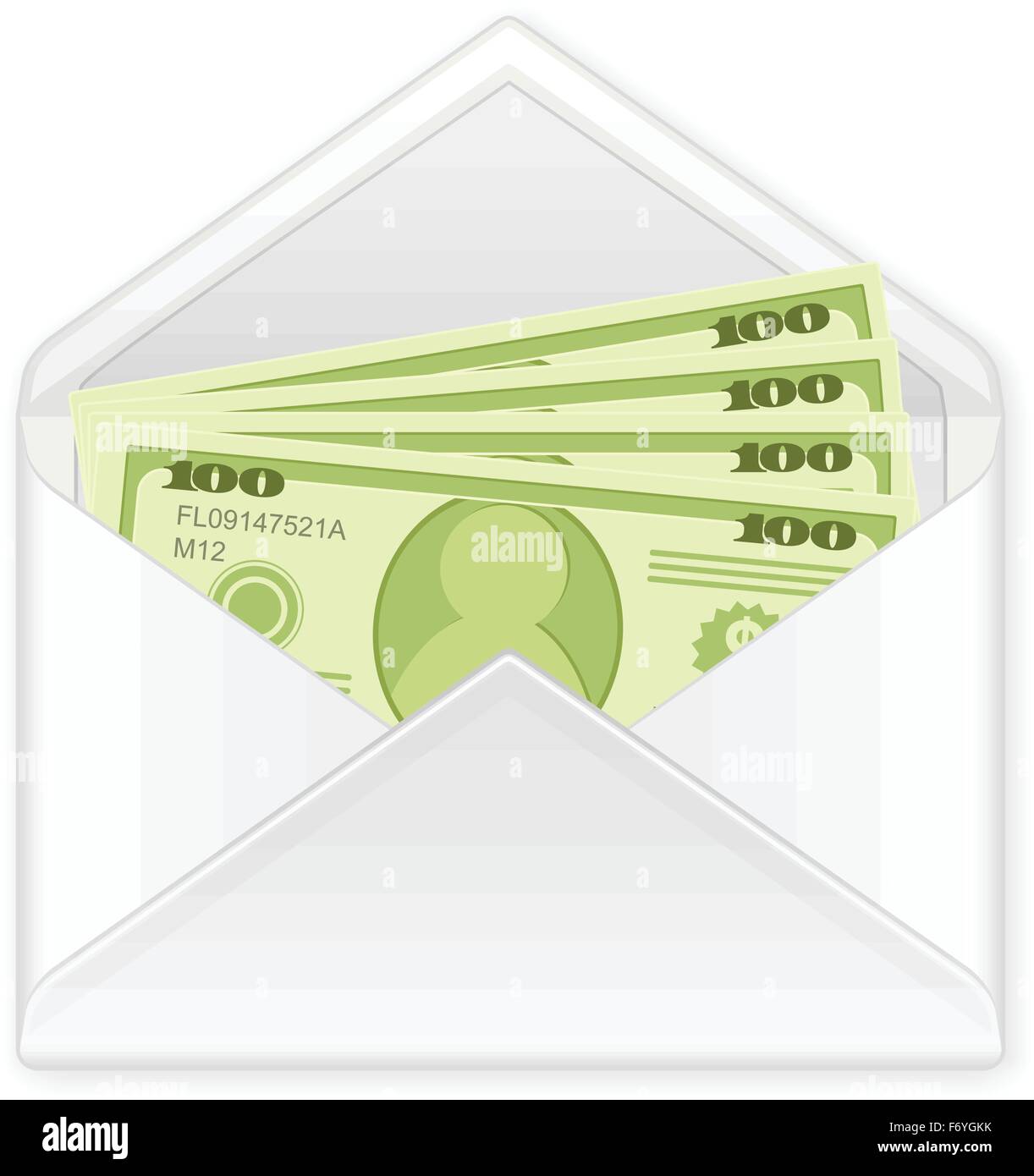 Open envelope containing dollar banknotes on a white background. Vector ...