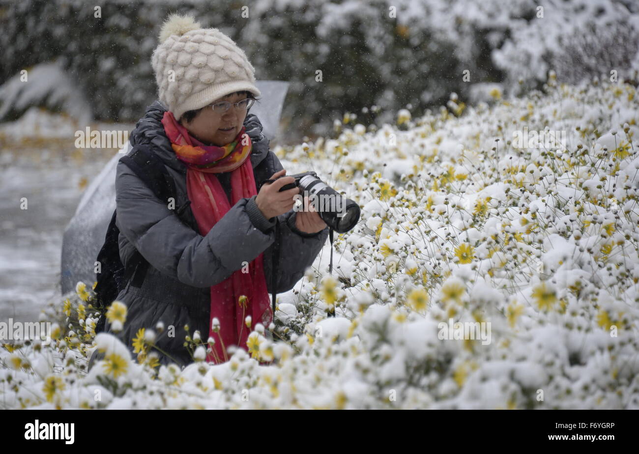 Beijing, China. 22nd Nov, 2015. A tourist enjoys the snow scenery at ...
