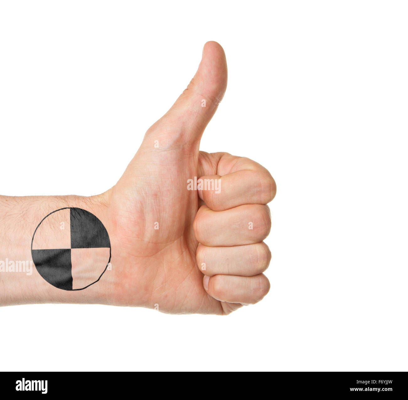Closeup of male hand showing thumbs up sign, crash test dummy Stock ...