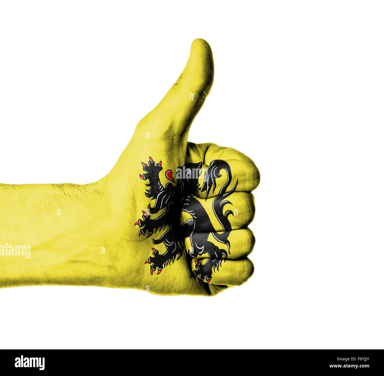 Closeup of male hand showing thumbs up sign, flag of Flanders Stock ...