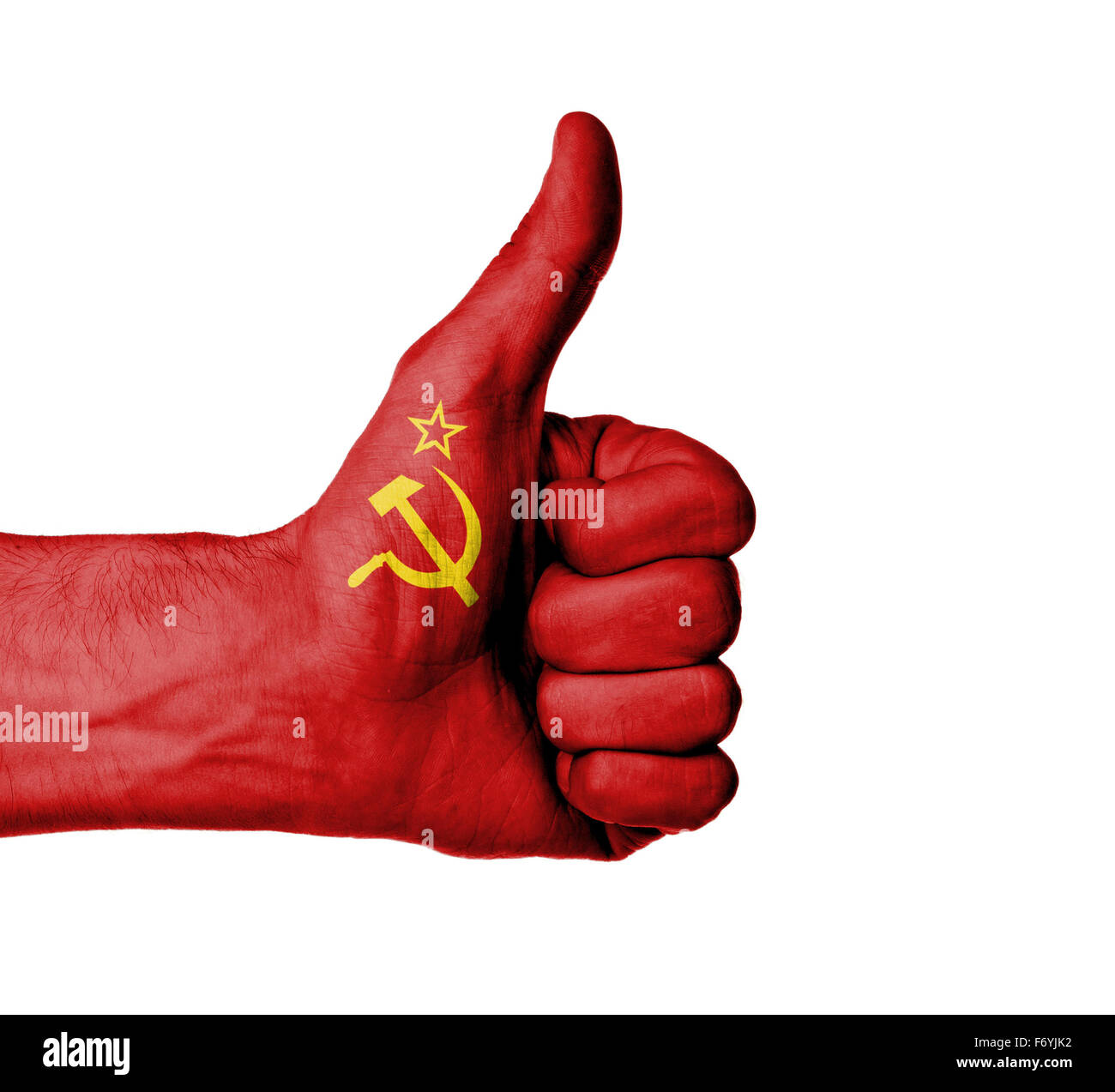Closeup of male hand showing thumbs up sign, flag of USSR Stock Photo ...