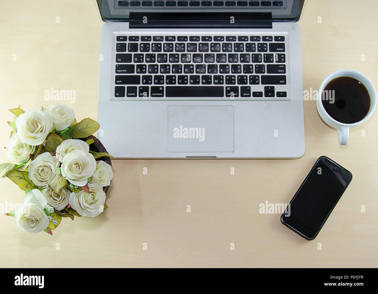 Top view of office desk with computer Stock Photo - Alamy