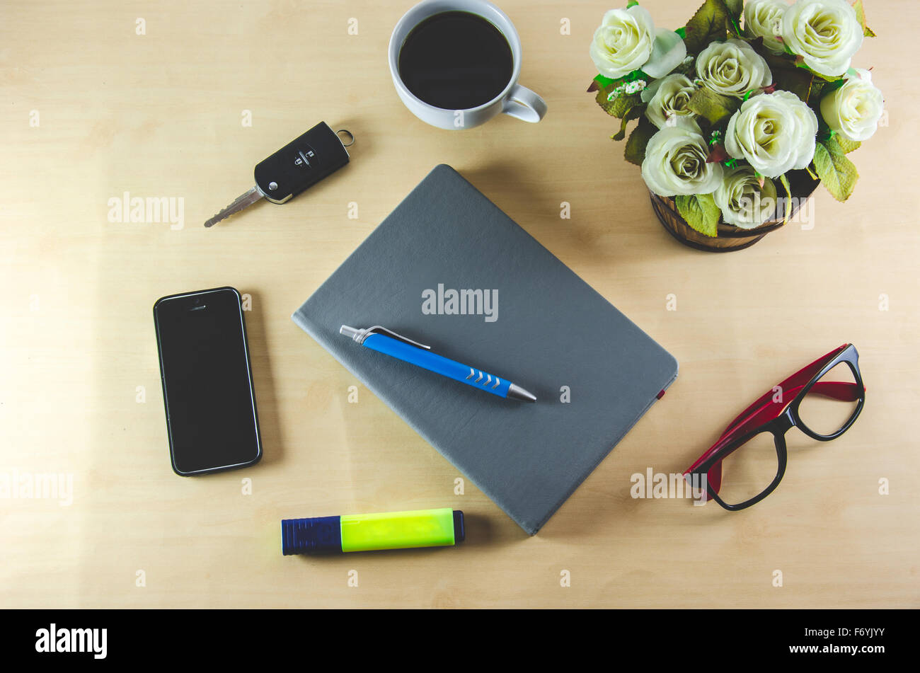 Top view of office desk with computer Stock Photo - Alamy