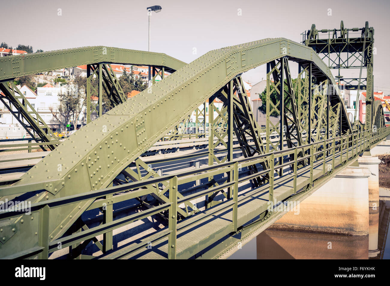 Metal structure elevation bridge over Sado river. Alcacer do Sal ...