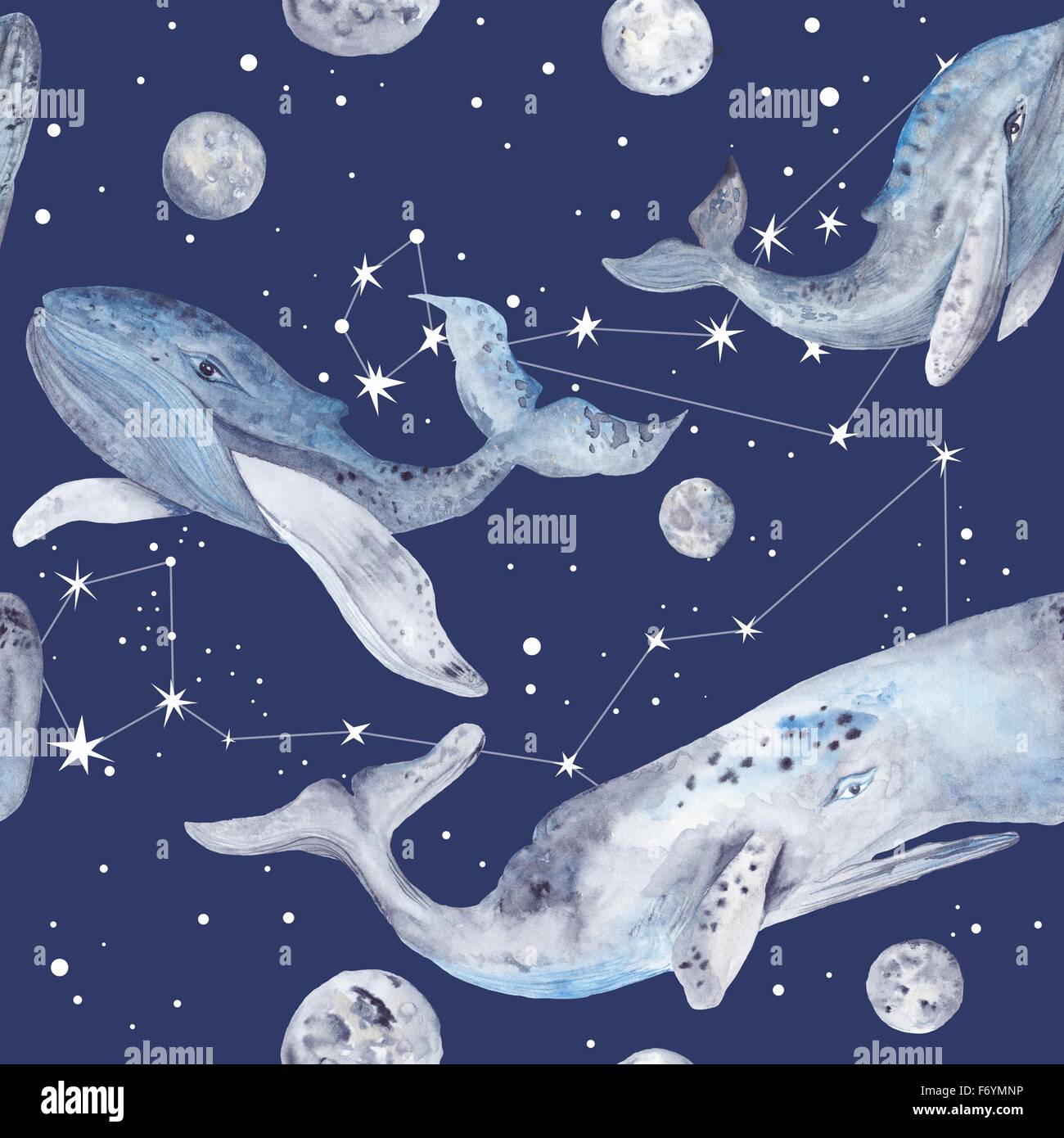 Seamless texture with sea animals and constellation stars on blue ...
