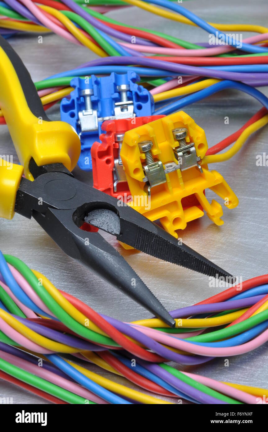 Set of electrical tools and cables on metal surface Stock Photo - Alamy