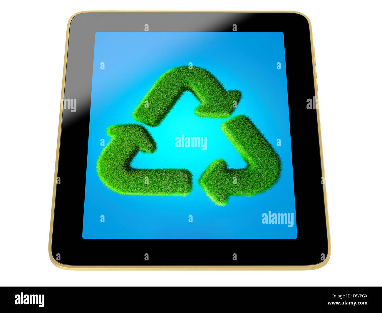 tablet with recycle sign made from grass - isolated on white background ...