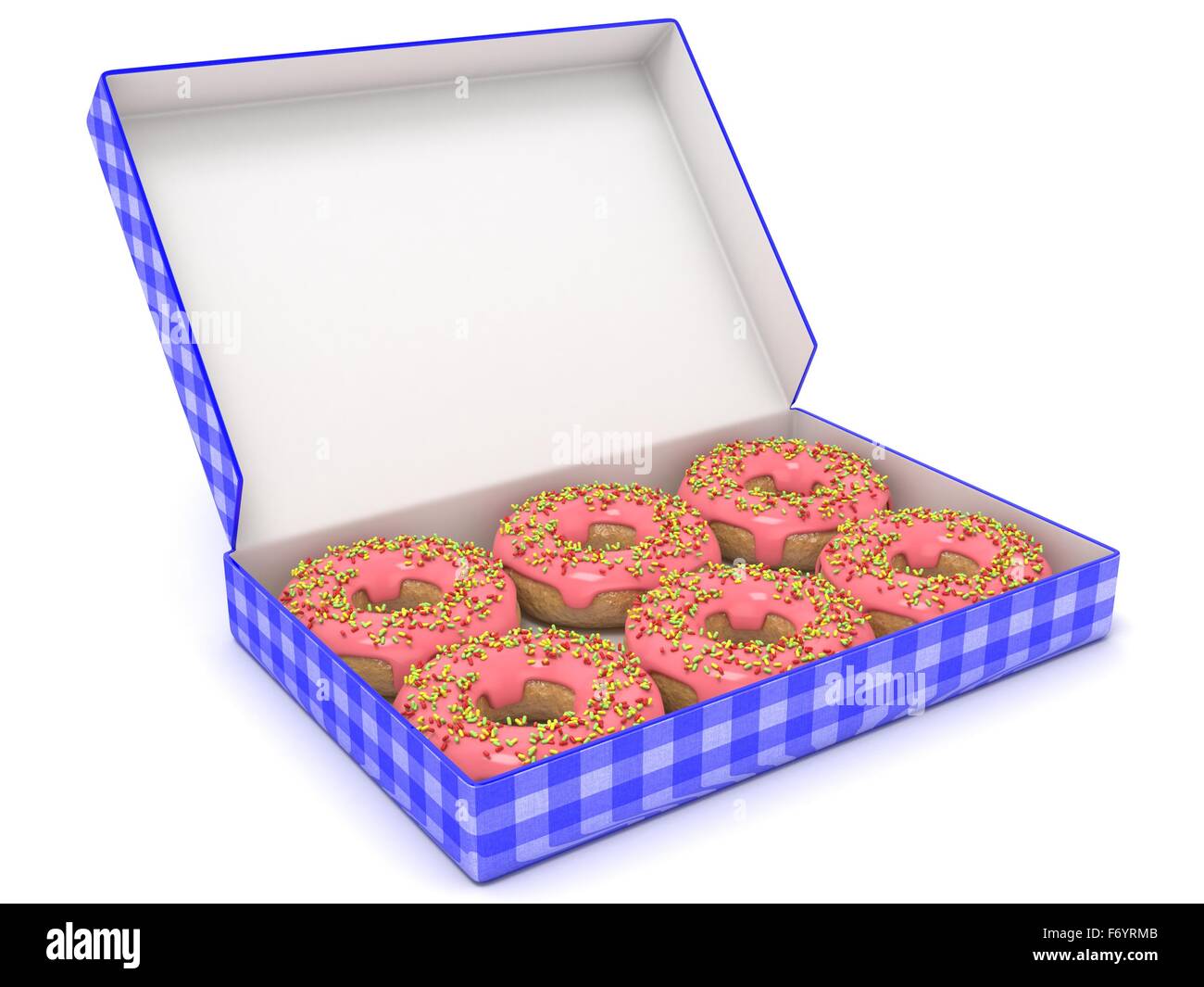 Six pink donuts in blue box. Side view. 3D render illustration.isolated ...