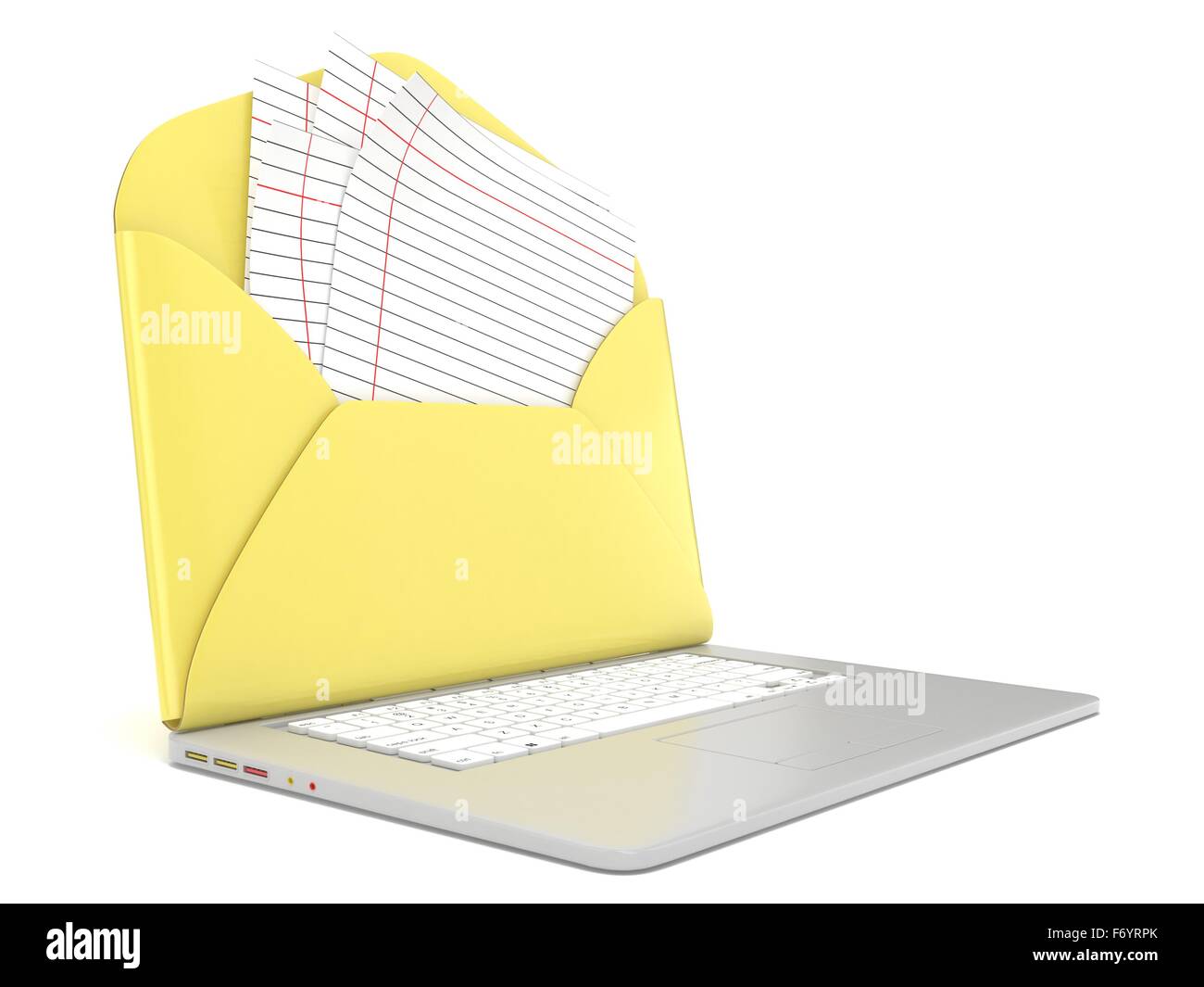 Open envelope and blank lined paper on laptop. Side view. 3D render ...