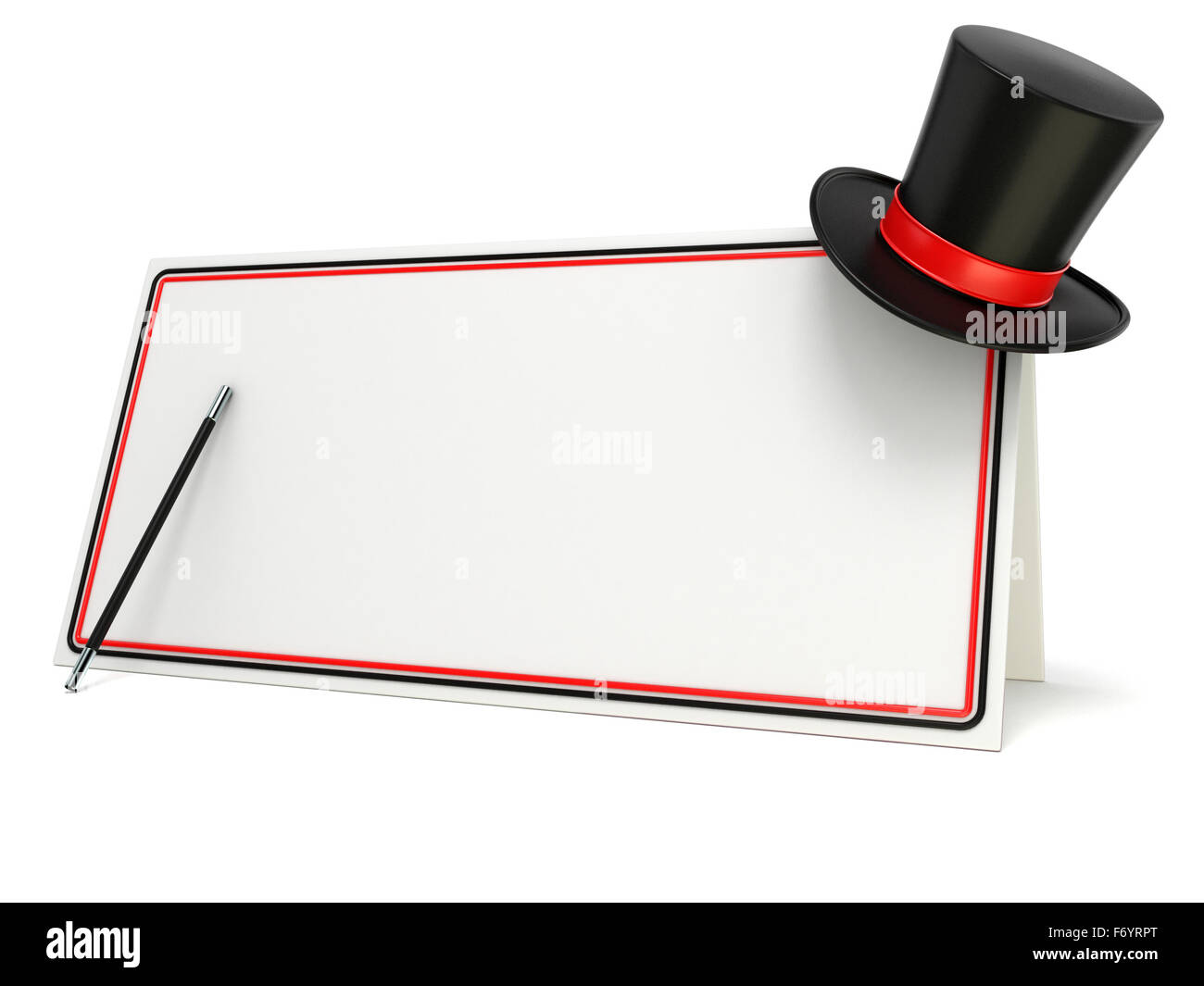 Magic wand and hat on blank board with black and red border. 3D render ...