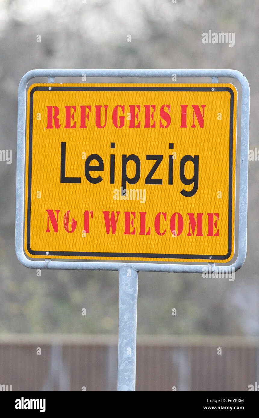 Leipzig, Germany. 22nd Nov, 2015. A town sign has been given printed ...