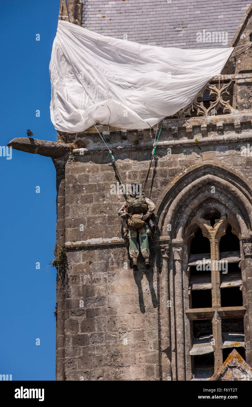 WWII D-Day Landings. American paratrooper John Steele gets caught up on ...